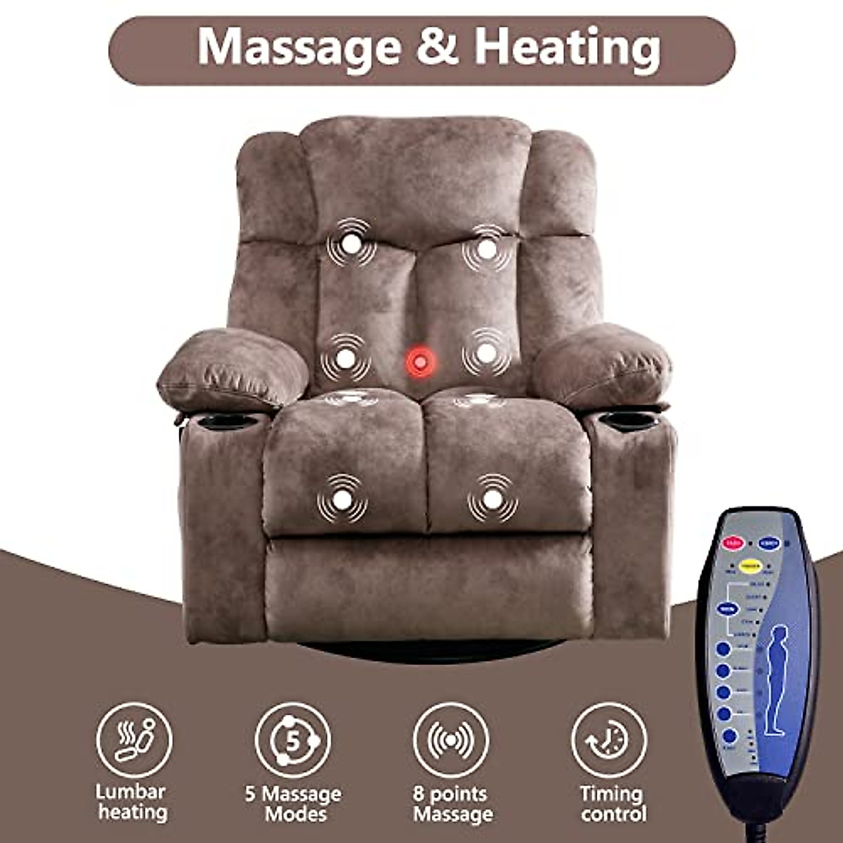 INZOY Massage Swivel Rocker Recliner with Heat and Vibration, Manual Swivel Rocking Recliner Chair with Vibrating Massage, Soft Fabric Heated Recliner Comfy Overstuffed Recliner with Cup Holder, Brown