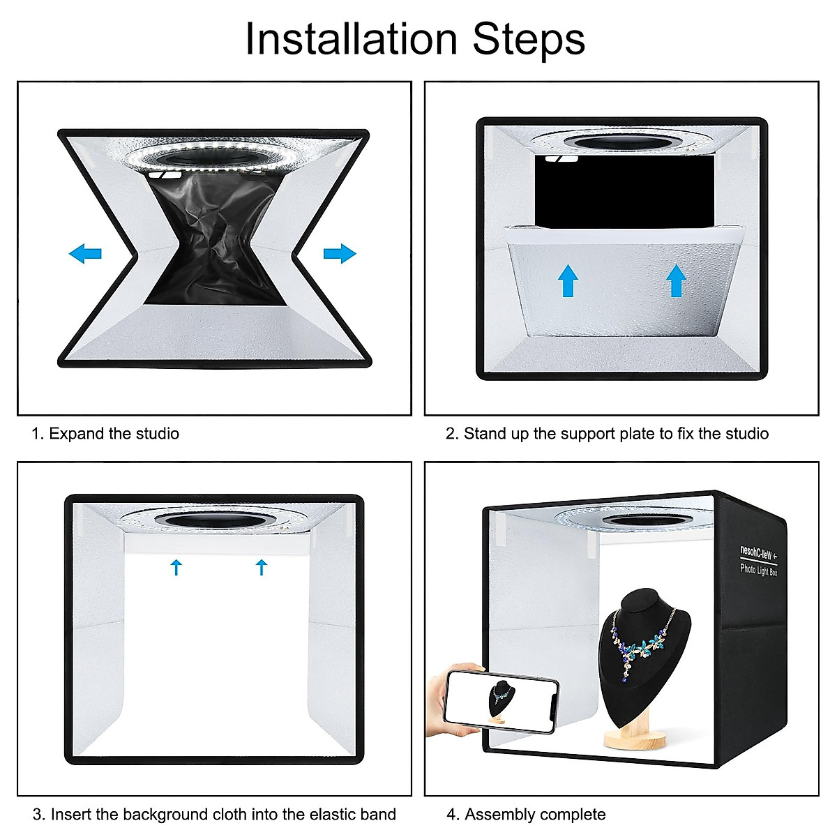 NESOHC-LLEW Portable Photo Studio Light Box, 16"x16" Professional Dimmable Shooting Tent Kit with 160 LEDs Lights & 12 Kinds Double-Sided Color Backgrounds,3200-6500K