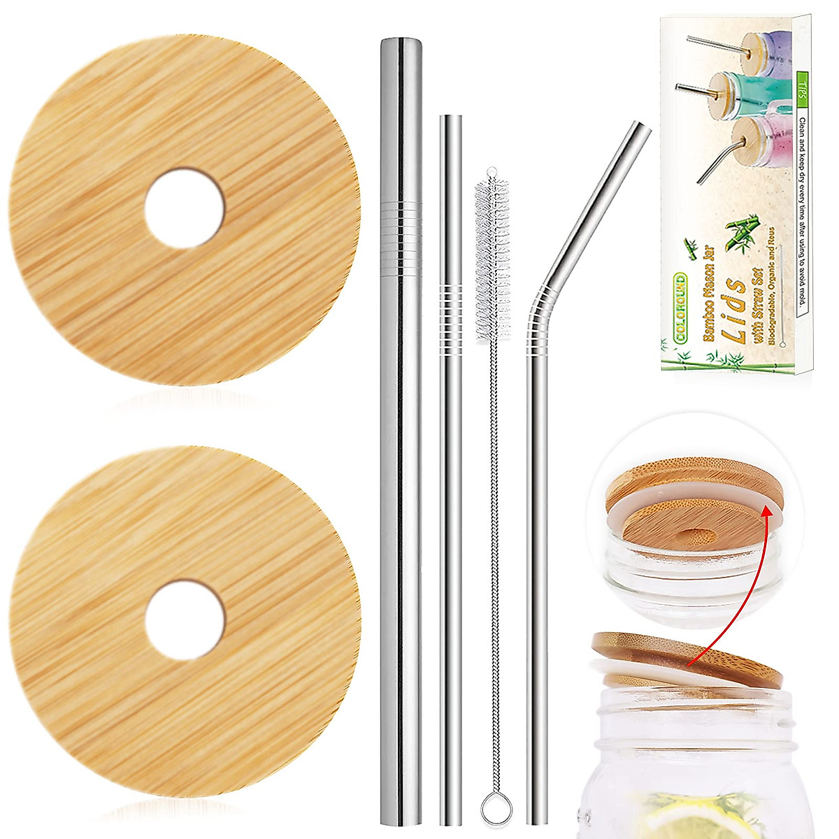 COLOROUND【REGULAR Mouth Lids】2 Pack Mason Jar Lids with Straw Hole Regular Mason Jar Cup Lids Reusable Bamboo Lids Mason Jar Tops with 3 Stainless Steel Straws & 1 Brush for Regular Mouth Mason Jars