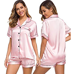 SWOMOG Womens Silk Satin Pajamas Set Two-Piece Pj Sets Sleepwear Loungewear Button-Down Pj Sets