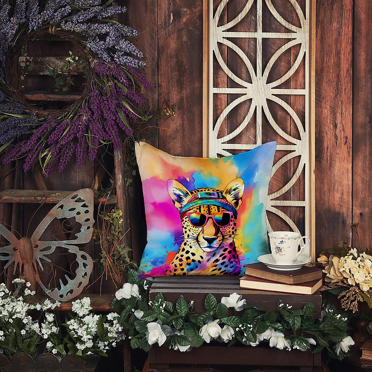 Caroline's Treasures DAC3969PW1414 Hippie Animal Cheetah Throw Pillow Machine Washable, Indoor Outdoor Decorative Pillow for Couch, Bed or Patio, 14Hx14W