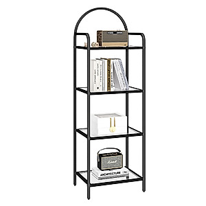 Hzuaneri Bookcase Bookshelf, Tempered Glass Bookshelves, Slim Shelving Unit for Bedroom, Bathroom, Home Office, Steel Frame, 4 Tier Black BC04001B