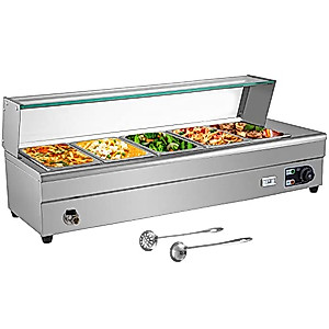 VEVOR Commercial Food Warmer, 5 x 1/2 Pans, 44 Qt Electric Bain Marie with 6" Deep Pans, Stainless Steel Steam Table with Tempered Glass Shield, 1500W Countertop Buffet Warmer with Lids & Ladles, 110V