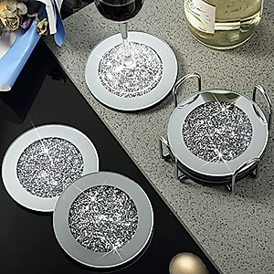 7 Pcs Glass Mirrored Coaster Holder Set, 6 Pcs Silver Crushed Crystal Coasters with Holder for Drinks Glitter Crushed Diamond Decor on Tabletop for Home Kitchen Table Bar Accessories (Round)