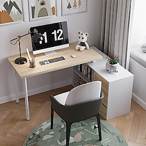 Mekminop L Shape Computer Desk with 3 Drawers and 2 Shelves, Home Office Desk Corner Small Desk with Storage Cabinet for Writing Study Executive – Walnut and White