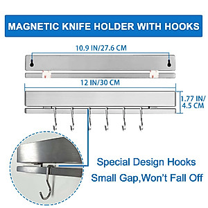 HomeSimplex 12 Inch Magnetic Knife Holder for Wall or Fridge with 6 Hooks No Drill - Adhesive Double Magnetic Knife Bar - Refrigerator Knife Magnetic Strip - 304 Stainless Steel Kitchen Utensil Holder