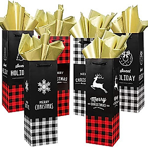 Lulu Home Christmas Bottle Gift Bags, Set of 12 Buffalo Plaid Wrapping Bags with Golden Tissue Paper, Xmas Bottle Gift Bags with Ribbon Handles, 13.9" x 4.7" x 3.9"