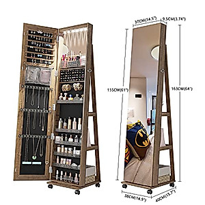 Lvifur 360° Rotating 64'' Jewelry Armoire with 6 LEDS, Full Length Mirror Large Capacity Jewelry Organizer Armoire, Lockable Floor Standing Mirror with 4 rollers for Bedroom, Cloakroom