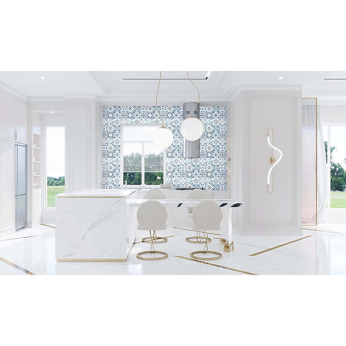 Dimoon Wallpaper 17.7’’x78.7’’ Contact Paper Thicken Blue White Floral Flower Tile Peel and Stick Removable Wall Waterproof Embossed Self Adhesive Vinyl