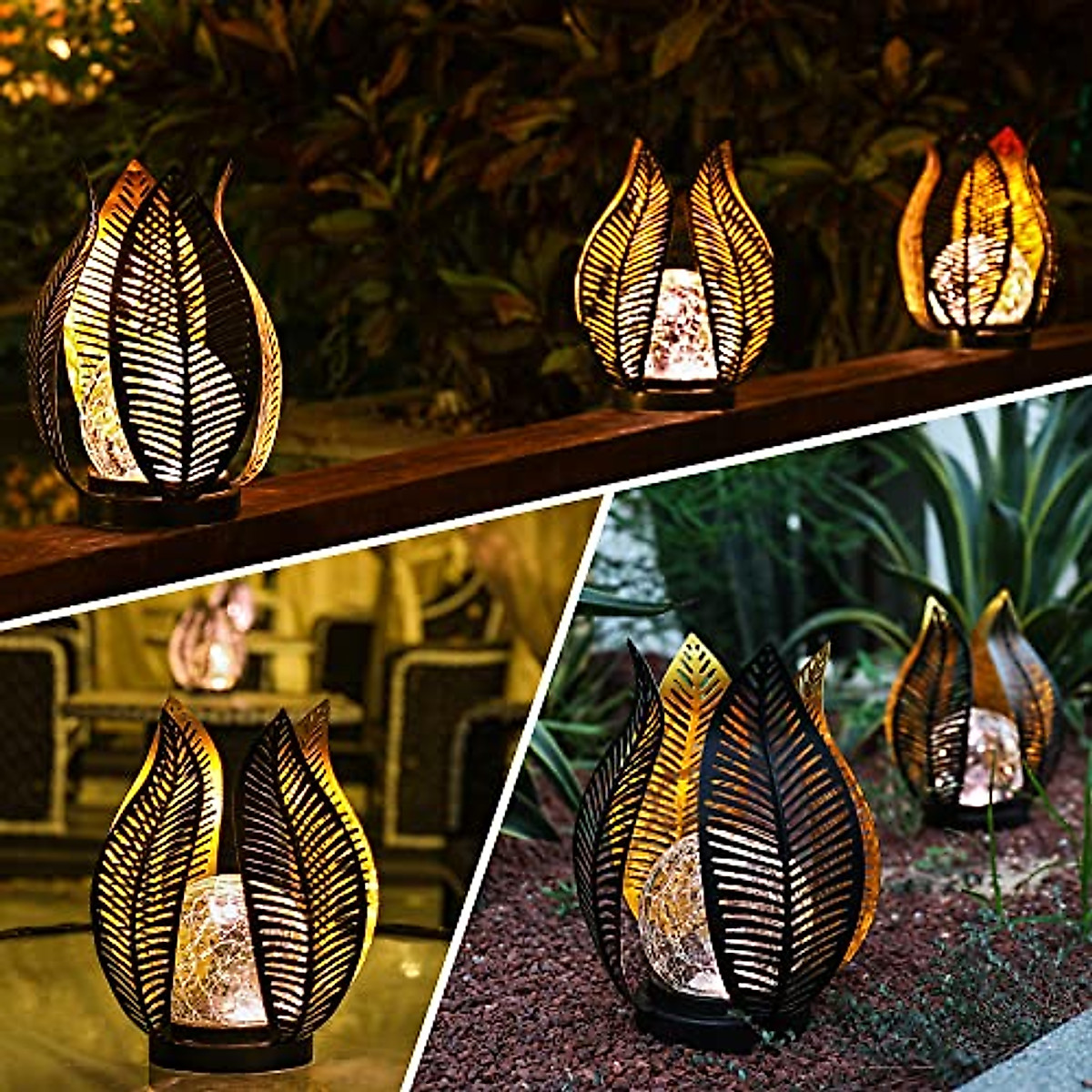 Garden Solar Lights Pathway Outdoor Palm Leaf Crackle Glass Globe Metal Flower Lights,Waterproof Garden Lights Decorations for Tabletop Patio Yards Walkway Party
