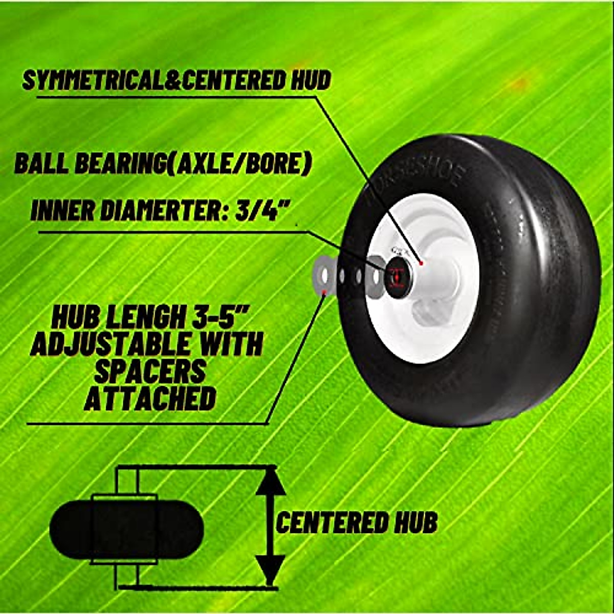 (2-Pcs-Set) New 11x4.00-5 Flat-Free Lawn Mower Smooth Tires w/Steel Rim for Zero Turn Lawn Mower Garden Tractor - hub 3"-5" with 3/4" Bore 114005 T161