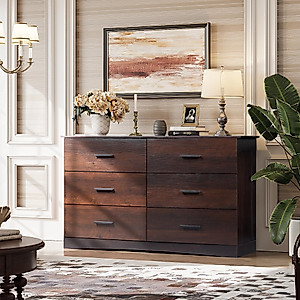 WLIVE Wood Dresser for Bedroom, Wide Chest of Drawers with 6 Drawers, Large Brown Storage Tower Unit, Modern Minimalist Closet Store Organizer for Living Room, Hallway