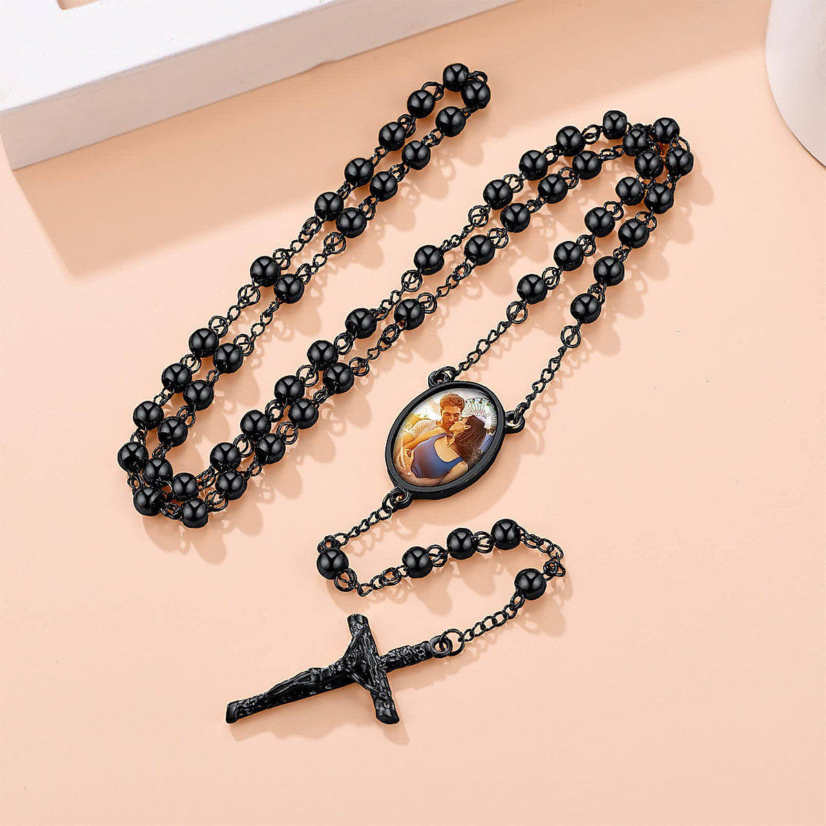 Custom4U Custom Rosary with Picture & Name Personalized Rosary Beads Catholic for Women Photo Pendant Cross Necklace Chain Customized Memorial Religious Jewelry for Women Men