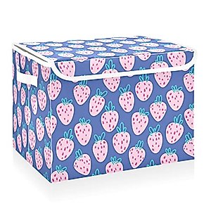 CaTaKu Strawberry Cute Blue Storage Bins with Lids Fabric Large Storage Container Cube Basket with Handle Decorative Storage Boxes for Organizing Clothes Shelves