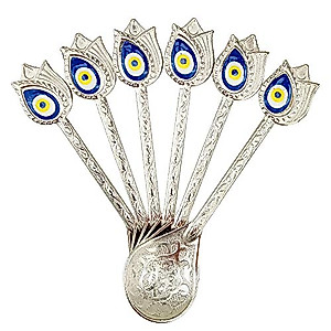 Kuchengerate 6pcs Evil Eye Beady Silver Casting Tea Coffee Stirring Teaspoons 12.7cm/5" inc Unique Nazar Design - a Different Product Dazzling - Suitable for Dessert Espresso Ice Cream - Best Gift Set