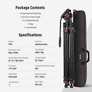 NEEWER 74 Inch Pro Video Tripod with Fluid Head, QR Plate Compatible with DJI RS Gimbals Manfrotto, Durable Camera Tripod with Telescopic Handle Scaled Base for DSLR, Max. Load 17.6 lb/8 kg, TP74