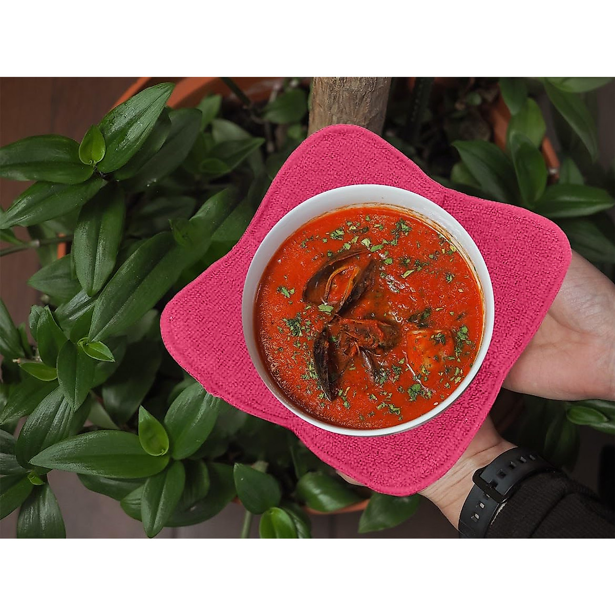 ULVEOL Set of 2 Pink Microwave Bowl Cloth Hot Pads Pot Holders Hot Pad Pot Holder Microwavable Bowl Cozies for Food, Ooma, Ramen Bowl Cozy or Soup Koozie, Good Kitchen Accessories, Gadgets