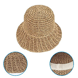 Minache Solid Color Crochet Straw Hat Foldable Wide Brim Outdoor Sun Visor Hat Bucket Hat for Women Girl, 07445 Khaki