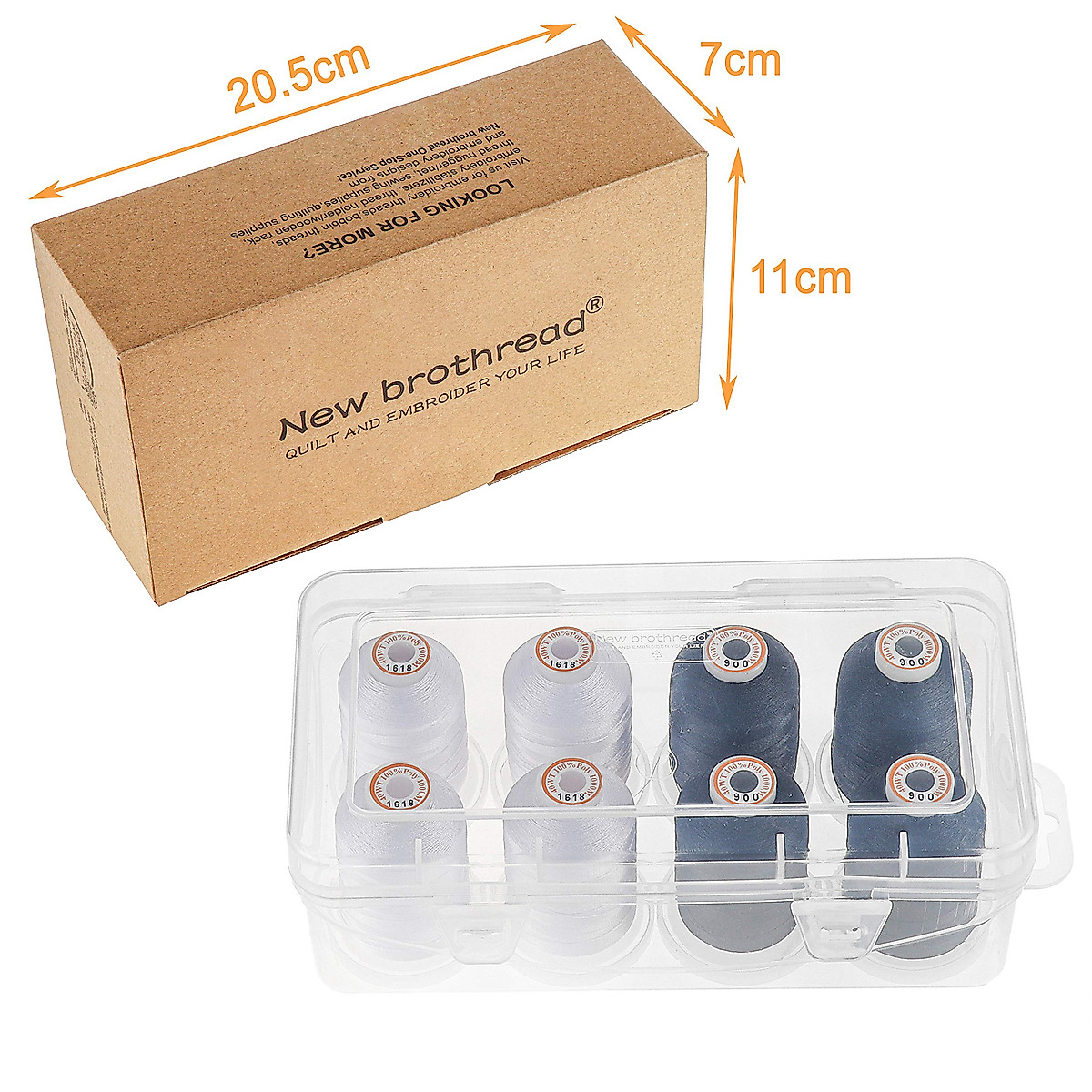 New brothread Polyester Embroidery Machine Thread 1000m Each with Clear Plastic Storage Box for Embroidery & Quilting - 4xSnow White+4xBlack