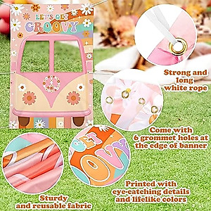 Vansolinne Hippie Photo Booth Props Bus Groovy Birthday Party Decorations Selfie Frame Banner Boho Rainbow Daisy Van Photography Background Retro 60s 70s Decor Four People Peace Love Party