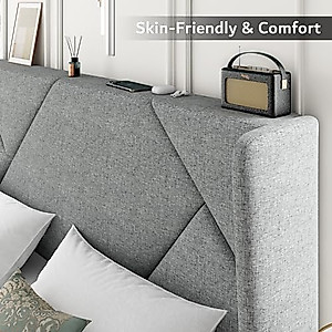 iPormis King Size Wingback Bed Frame, Modern Platform Bed with Minimalist Headboard, 8-in Storage Space/Heavy-Duty Structure/No Box Spring Needed/Noise-Free, Light Gray