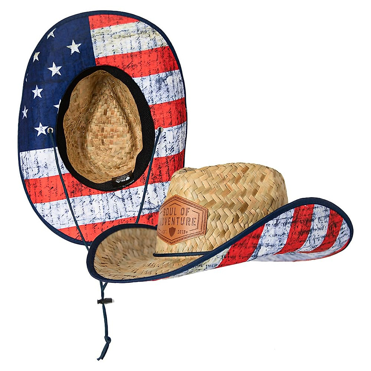 New Handwoven Premium Straw Cowboy Hat for UV Sun Protection | Adjustable Drawstring, Universal Size | Ideal for Beach, Fishing, Outdoor Camping Activities (American Flag)