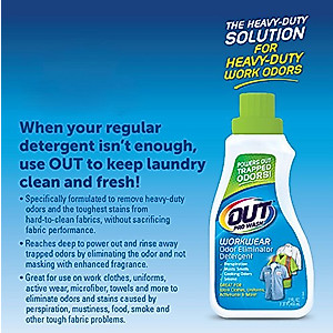 OUT ProWash Workwear Odor Eliminator, Laundry Detergent for Work Clothes and Uniforms, Active Wear, Towels, Pets, and Stains caused by Sweat, Food, Smoke, and Pets, 22 Ounce
