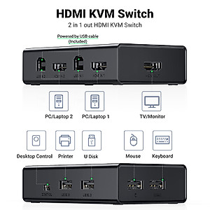 UGREEN KVM Switch, Share 4 USB Ports, USB and HDMI Switch for 2 Computers for Keyboard Mouse Printer to One Monitor Support 4K@60Hz, 3D, HDR, Include Desktop Controller, 2 USB Cables and 2 HDMI Cables