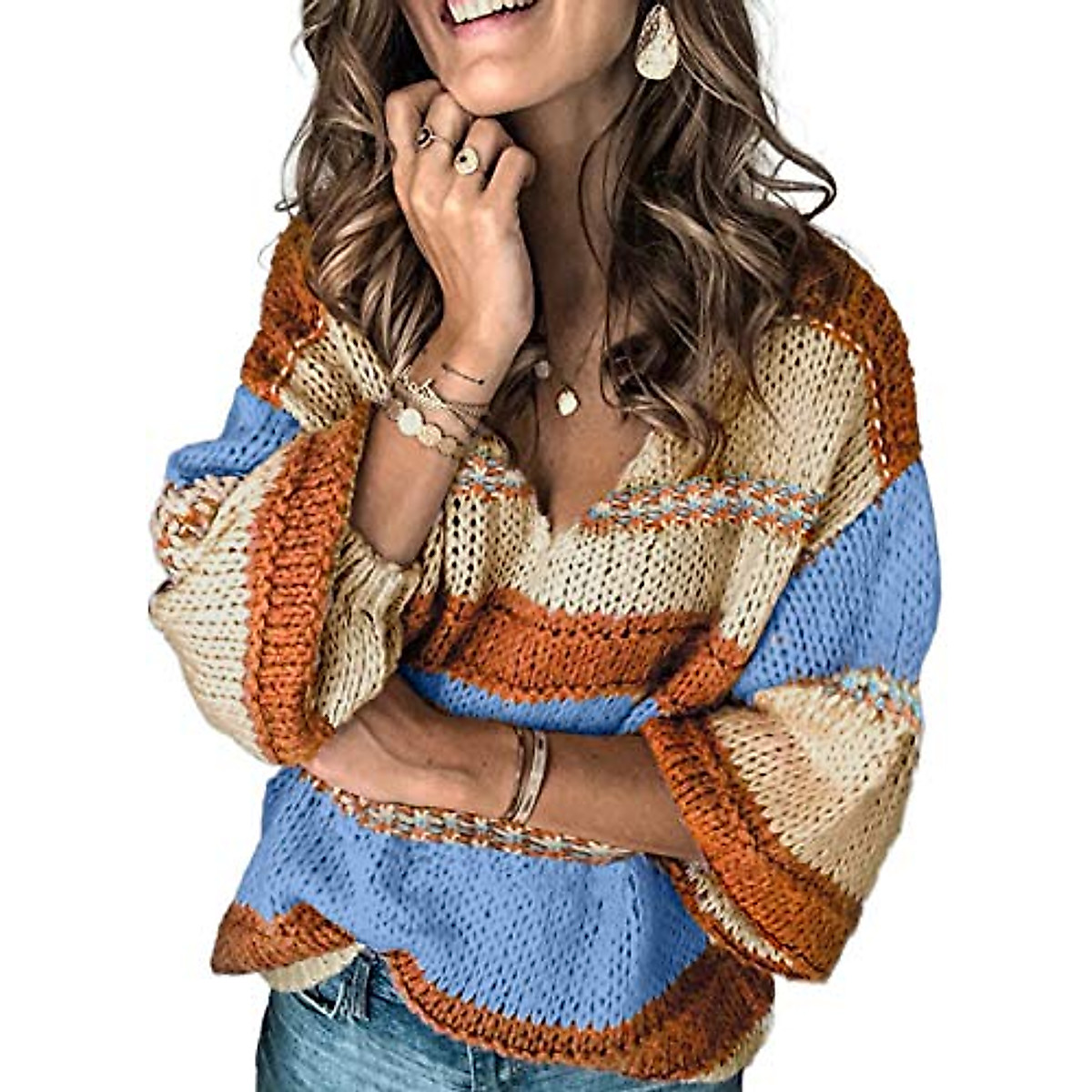 EVALESS Womens Long Sleeve V Neck Knit Striped Fall Winter Sweaters Pullover 2023 Oversized Chunky Color Block Casual Loose Cropped Tops,Orange M