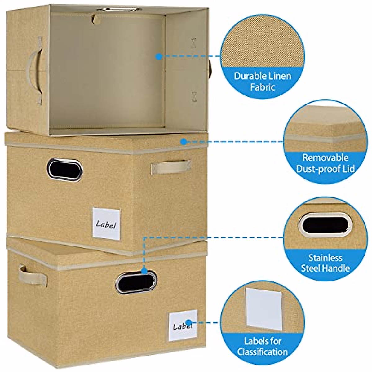 LHZK Large Storage Bins with Lids 6 Pack, Linen Fabric Storage Boxes with Lids, Foldable Storage Baskets with 3 Handles and Label Window for Shelves Bedroom Closet Office (15.75x11.8x10.2,Grey,Beige)