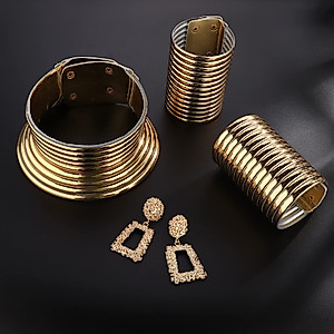 sailimue 4pcs African National Jewelry for Women African Egyptian Choker Collars Gold Chunky Statement Leather Necklace Bangle Bracelet Earring Jewelry Set, MQI-SAIS-SS29-Africa