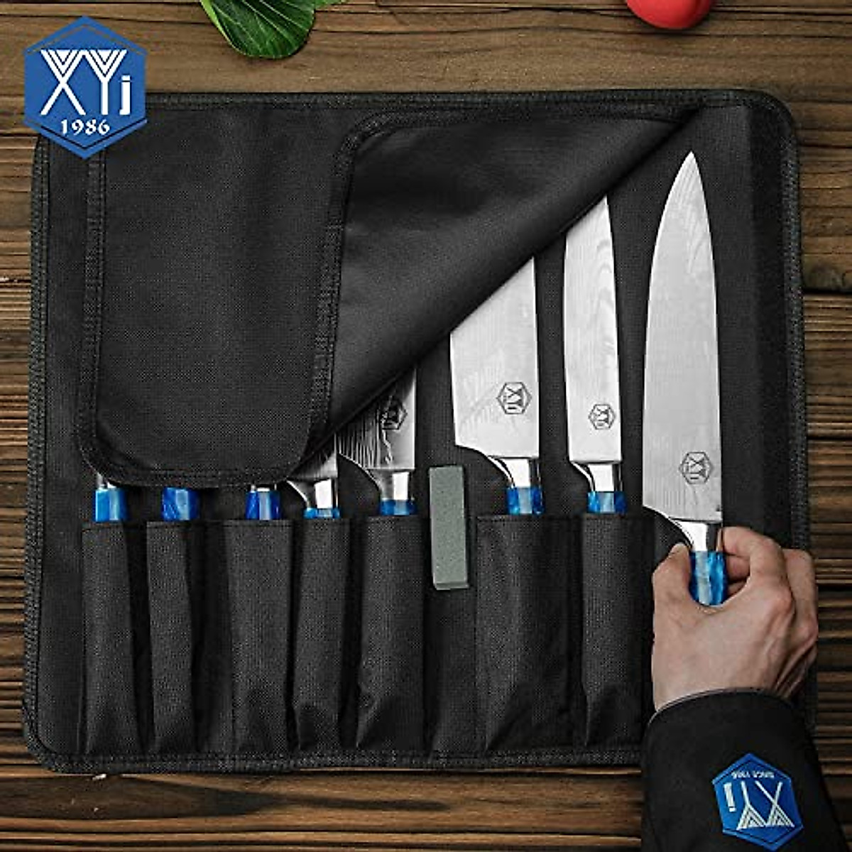 XYJ 9-pieces Cleaver Chef Knife Stainless Steel Serbian Boning Knife Paring Santoku Slicing Bread Knives With Knife Roll Bag&Sheath