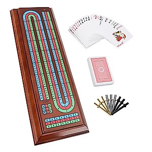 GSE Games & Sports Expert Multi-Color 3-Track Wooden Cribbage Board Game Box with 2 Deck Playing Cards, 9 Metal Pegs and Storage Drawer, Three-Track Cribbage Board with Large Storage