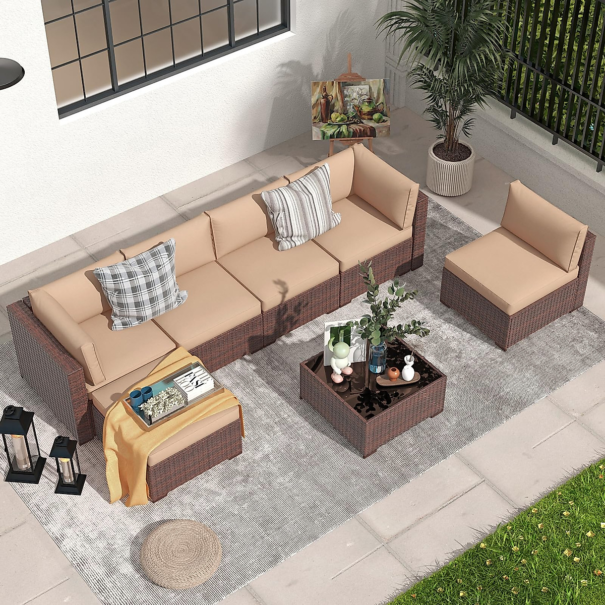 Patiorama 2-Piece Patio Furniture Sofa Set, Outdoor Sectional Sofa, All-Weather Brown PE Wicker Rattan Conversation Set, Outdoor Loveseat, Patio Seating for Balcony Garden Pool (Beige Cushion)