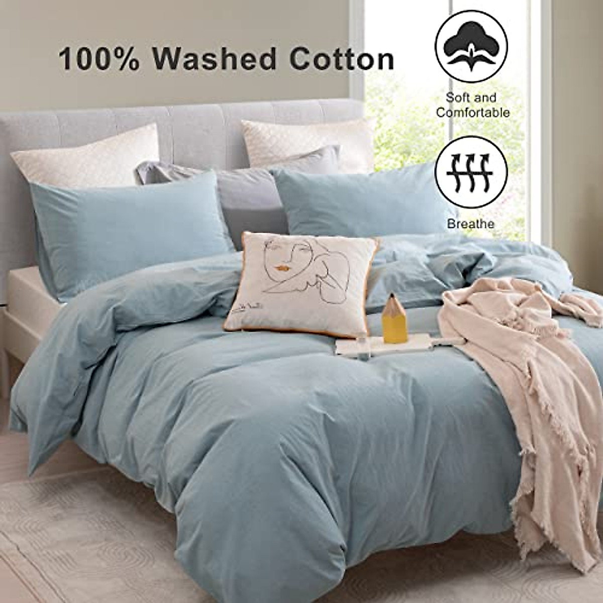 Ventidora 3 Piece Duvet Cover Set King Size,100% Organic Washed Cotton with Linen Feel Like Textured, Luxury Soft and Breatheable Bedding Set with Zipper Closure(1 Duvet Cover + 2 Pillowcases)