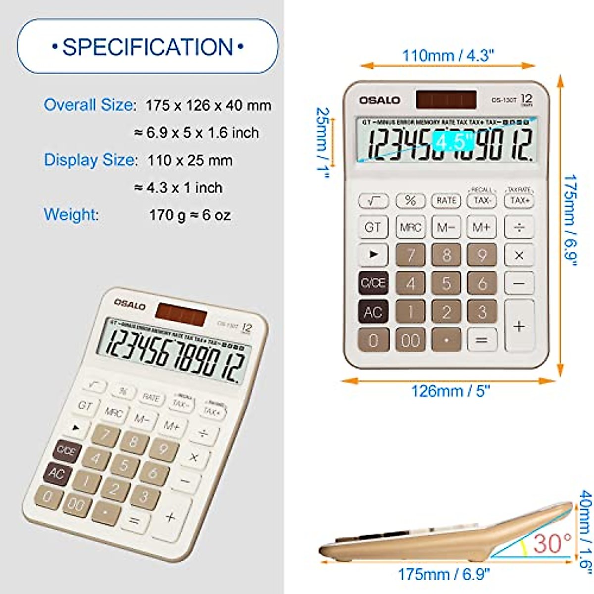 Desktop Calculator Large LCD Display 12 Digit Number Big Button Tax Financial Accounting Calculator, Battery and Solar Powered, for Desk Office Home Business Use(OS-130T Brown)