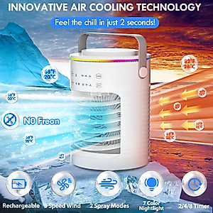 Portable Air Conditioners, 3 Speeds Rechargeable Evaporative Air Cooler With 5000 mAh Batterie, 7-Color LED Light, 2 Cool Mist & 2-8H Timer, Personal Cooling Fan Air Conditioner for Room Car Office