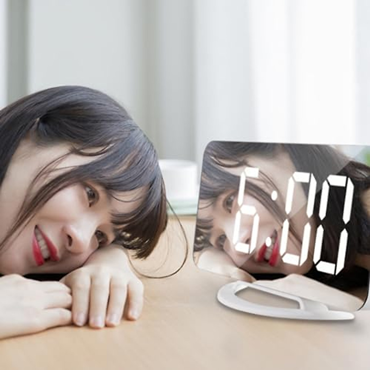 Digital Alarm Clock, 6. 2 Inch LED Mirror Electronic Clocks, Dual USB Charging Port, Snooze Mode Loud Alarm Clock for Heavy Sleepers, Modern Desk Wall Clocks for Bedrooms Living Room Office- White