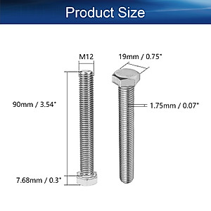 Heyiarbeit M12 Hex Bolt M12-1.75 x 90mm UNC Hex Head Screw Bolts 304 Stainless Steel Fully Threaded Hex Tap Bolts 5pcs