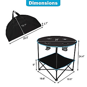 LUCKYERMORE Portable Camping Table, Folding Picnic Tables with 4 Cup Holders and Storage Rack, Carry Bag Included, Lightweight Tailgate Beach Table for Outside BBQ Picnic Beach, Black & Blue