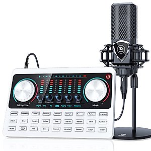 Podcast Equipment Bundle, tenlamp Q8 Podcast Microphone with Sound Board Voice Changer Mixer Controller, Studio Live Sound Card Kit for PC Smartphone Recording Live Streaming