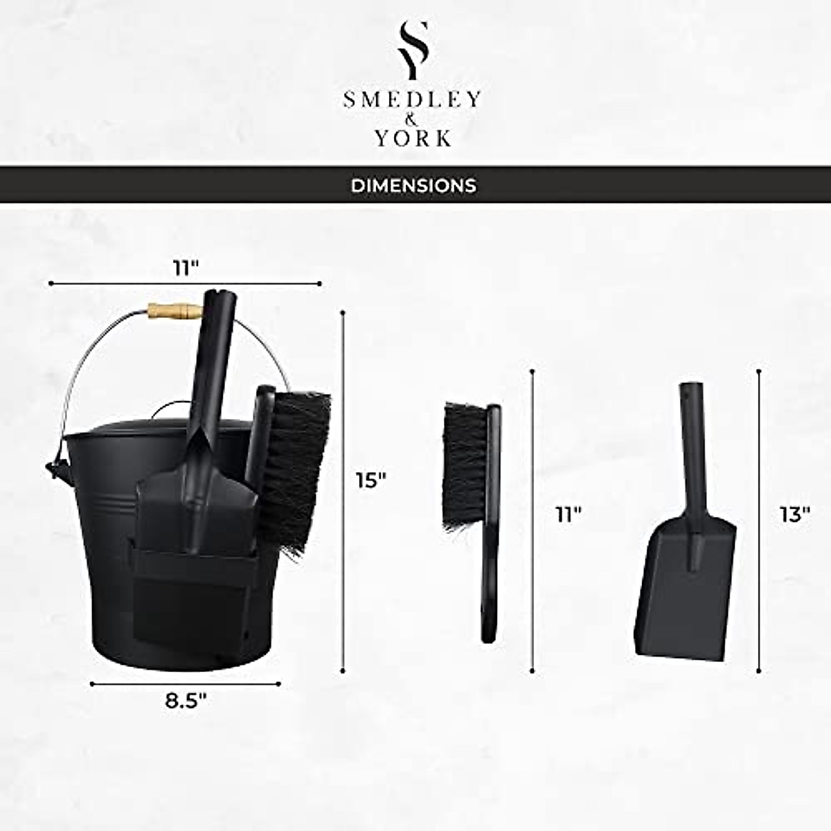 Smedley & York 2.15 Gallon Black Ash Bucket and Fireplace Tool Set with Lid, Shovel & Broom