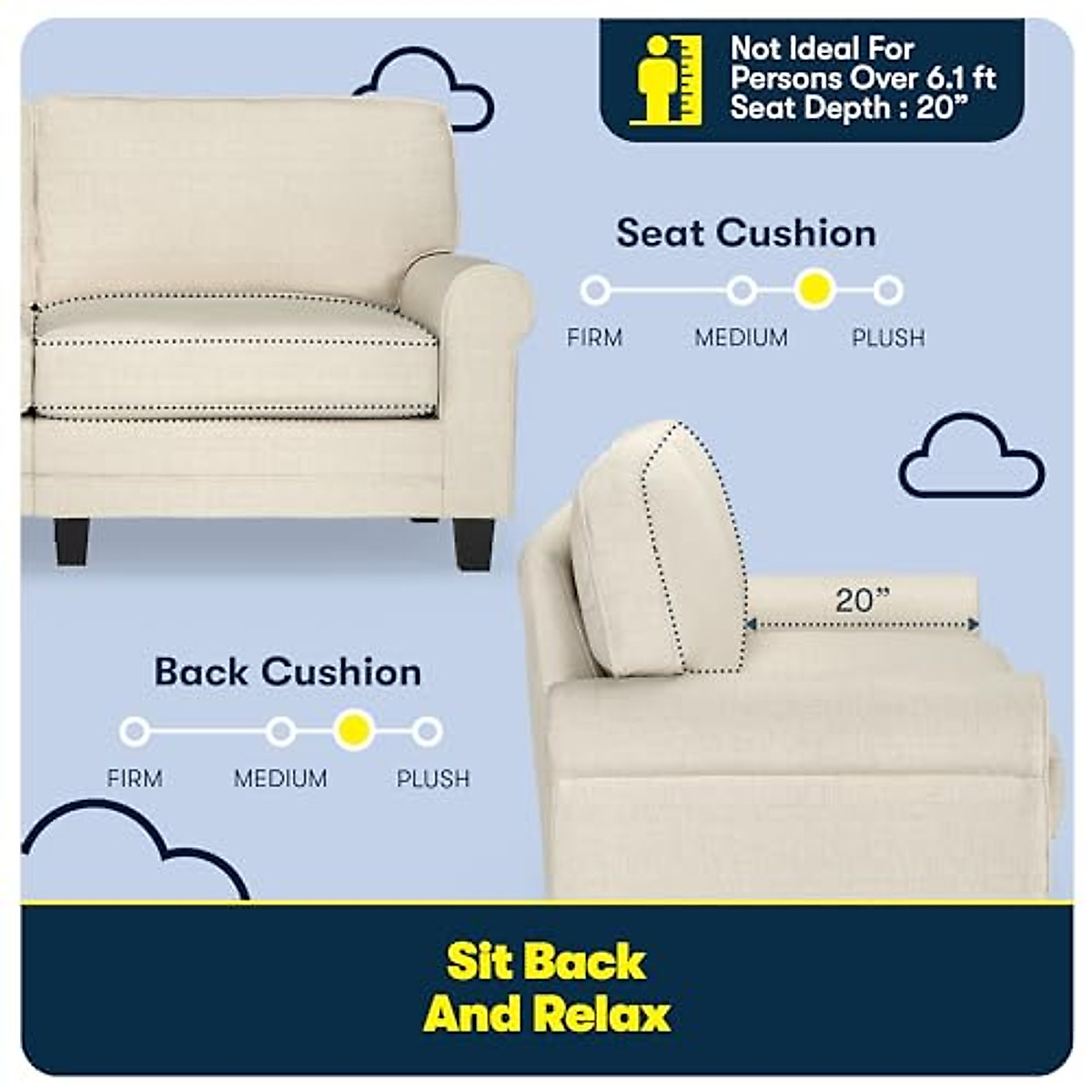 Serta Copenhagen 73" Rolled Arm Sofa, Easy Care Polyester, Soft Pillow Back, Pocket Coil Seat Cushions, Removable Covers, Loveseat or Couch for Small Spaces, Living Rooms or Bedrooms, Buttercream