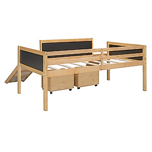 CITYLIGHT Low Loft Bed with Slide,Wood Twin Loft Bed for Kids,Loft Bed Twin with 2 Toy Boxes and Decorative Guardrail Chalkboard, Junior Loft Bed Frame for Girls Boys Toddler,Natural