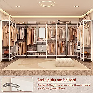 Aheaplus Wood Clothes Rack Wardrobe Closet for Hanging Clothes Heavy Duty Garment Rack, Large Corner L Shaped Closet System Organizers Walk-in Closet for Bedroom with 11 Shelves, 3 Wood Drawers, White