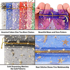 SumDirect Small Sheer Organza Bags - 120Pcs 4×5 Inch Mixed Color Moon Stars Wedding Party Favor Bags with Drawstring, Jewelry Gift Mesh Bags for Valentines Day