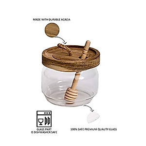 Honey Jar Pot Glass Holder Dispenser Set with Wooden Dipper Stick and Acacia Lid Cover for Home Kitchen, Clear, Modern Honey Syrup Glass Container for Storage Gift, Honey Pot and Drizzler (9 Oz)