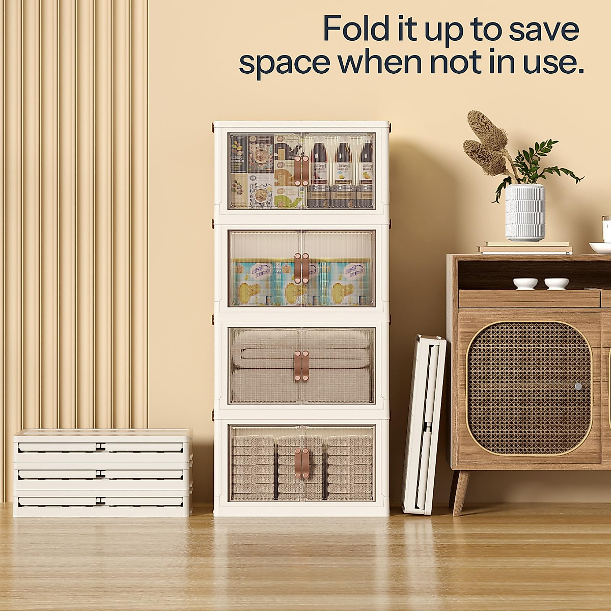 HOOBRO 11 Gal Plastic Storage Bins with Lids, 4 Tiers Folding Stackable Storage Bins with Doors and Wheels, Collapsible Storage Cabinet, Closet Organizers and Storage Containers, White WG442CW01