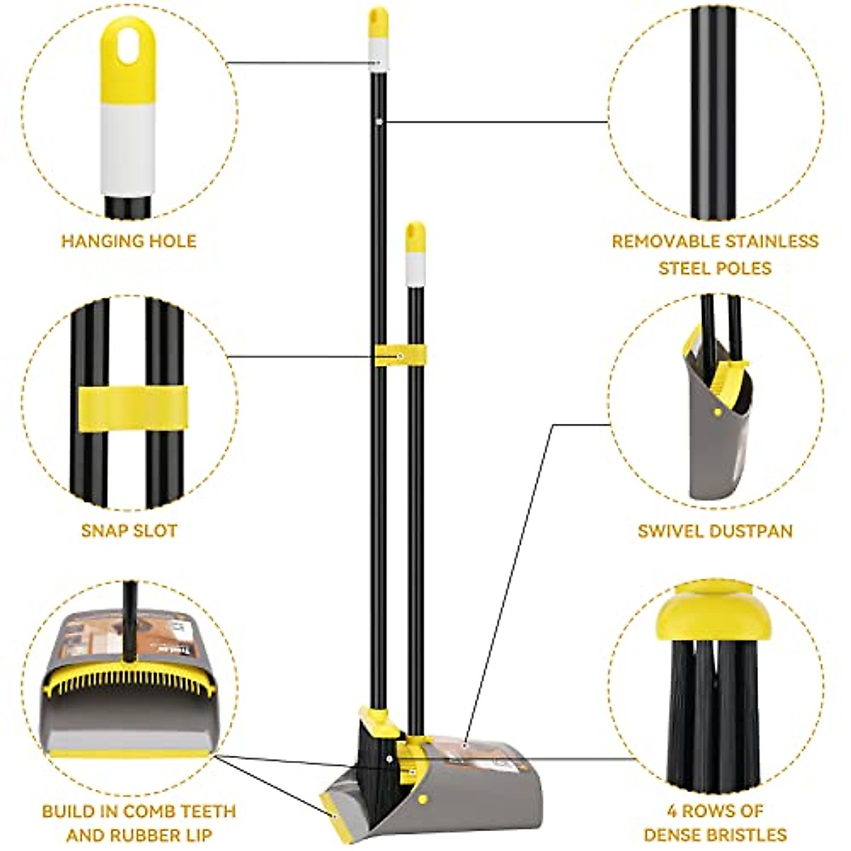 Broom and Dustpan/Broom with Dustpan Combo Set,Standing Dustpan Dust Pan with Long Handle 40"/52" for Home Kitchen Room Office Lobby Indoor Floor Cleaning Broom and Dustpan Set for Home