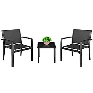 Homall 3 Pieces Patio Furniture Set Outdoor Patio Conversation Set Textilene Bistro Set Modern Porch Furniture Lawn Chairs with Coffee Table for Home, Lawn and Balcony (Black)